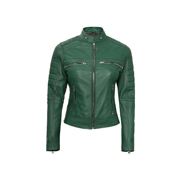 Women's Green Leather Cafe Racer Biker Jacket