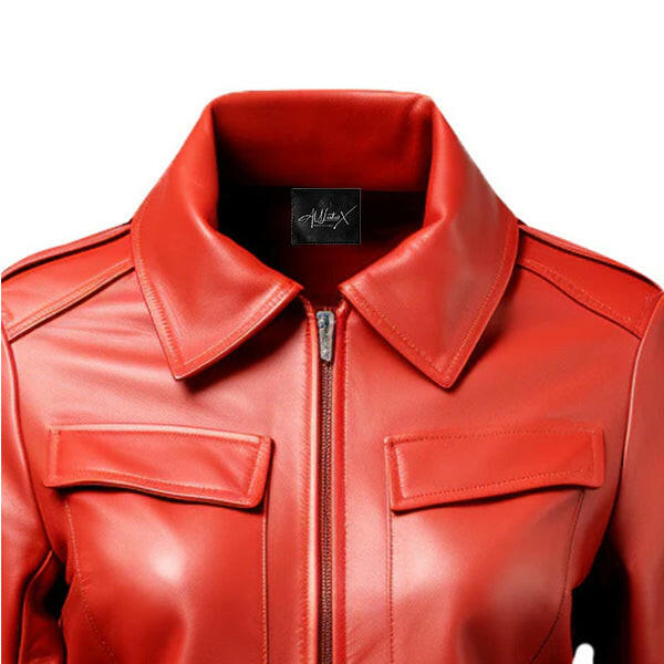 Women's Red Leather Jacket Bomber Style - AU LeatherX